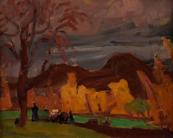 Jules Émile Zingg | Paysage d'automne animé de personnages | MutualArt