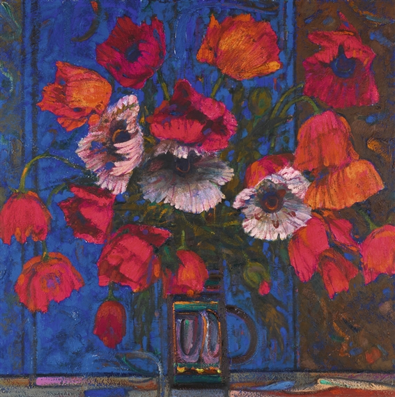 Robin Philipson | RED POPPIES ON A BLUE BACKGROUND | MutualArt