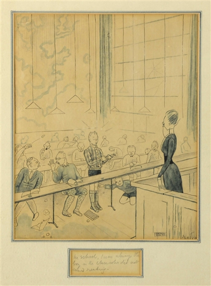 Cecil Beaton | Sketch of a boy reading in the classroom, with caption ...