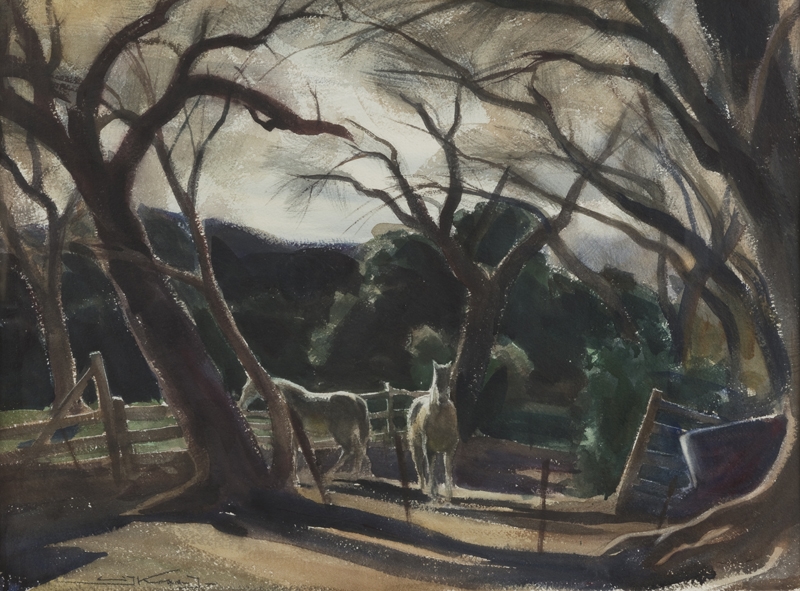 Emil Kosa Jr. | Ranch with horse and figure | MutualArt
