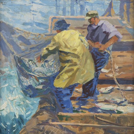 Eustace Paul Ziegler | Brailing, figures catching salmon from a trap ...