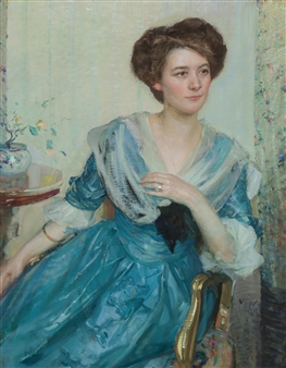 Richard Emile Miller | Portrait of a Woman in Blue Dress | MutualArt