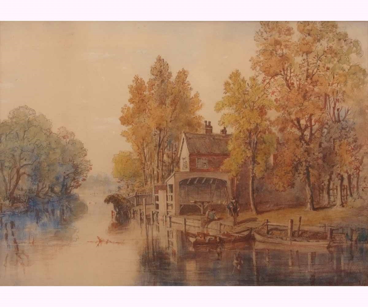 John Joseph Cotman | Anglers by a boathouse (1877) | MutualArt