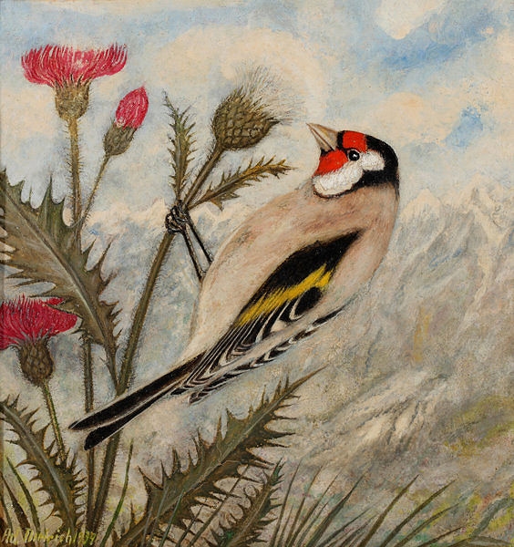 Adolf Dietrich | Distelfink auf Distel vor Bergkulisse (1939) | MutualArt