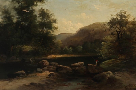 Victor Rolyat | Landscape with a man fishing in a lake | MutualArt