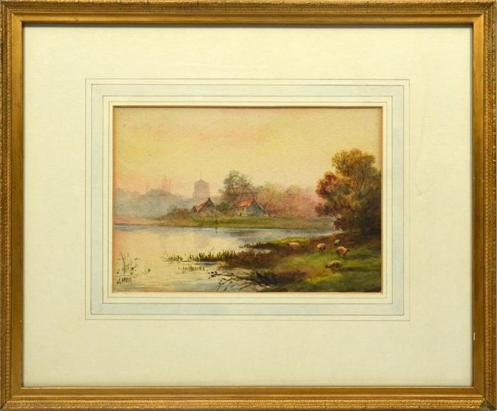 J. Muir | a rural scene with sheep by lakeside | MutualArt