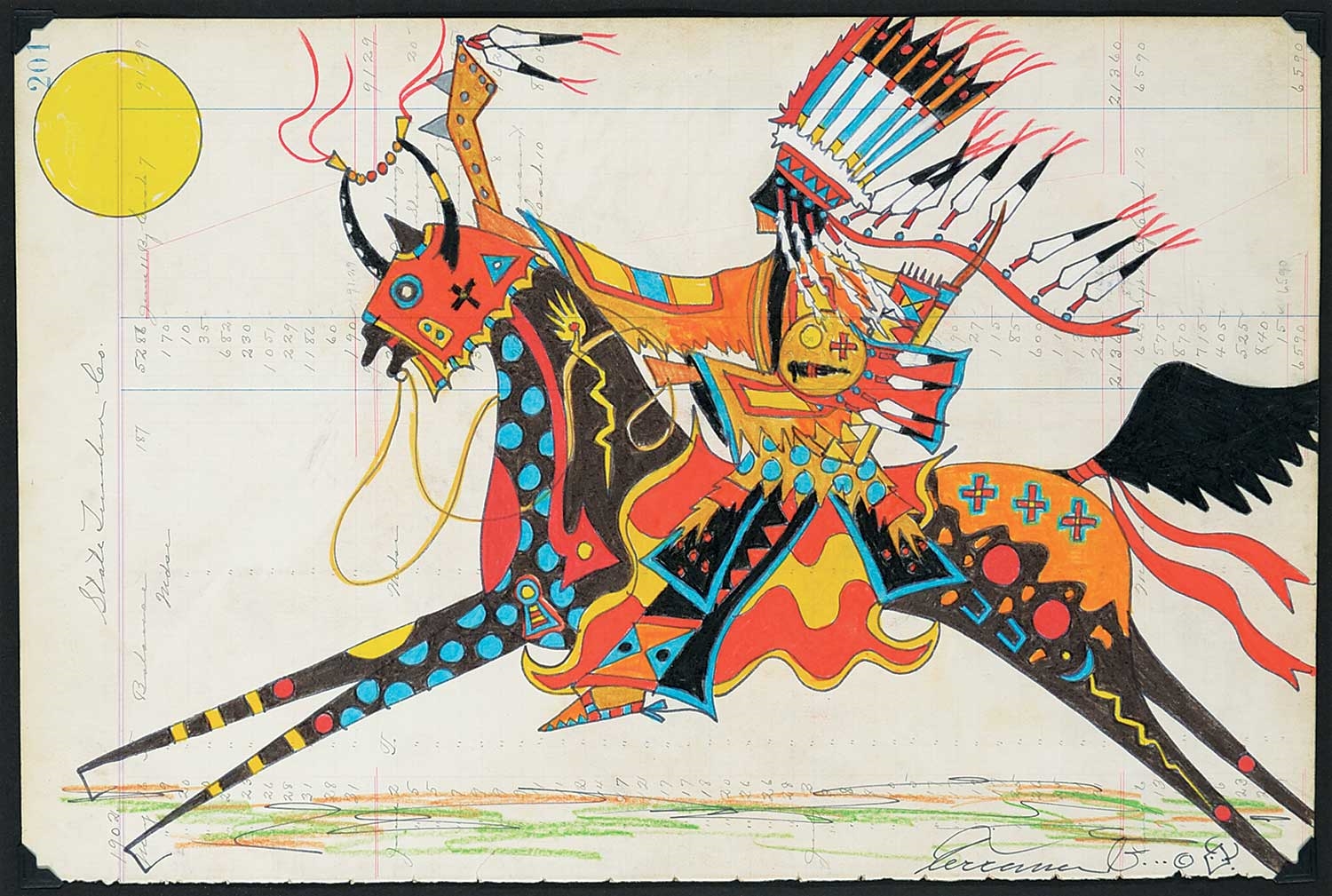 Terrance Guardipee | Untitled - Colourful Horse and Rider on Leger ...