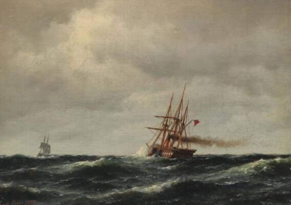 Carl Ludwig Bille | Seascape with steamboat in rough seas (1871 ...
