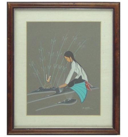 Robert Chee | A young Navajo girl befriending a chipmunk (1900) | MutualArt