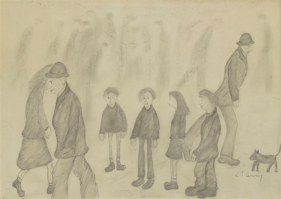 Laurence Stephen Lowry | Figures and a dog in a street | MutualArt