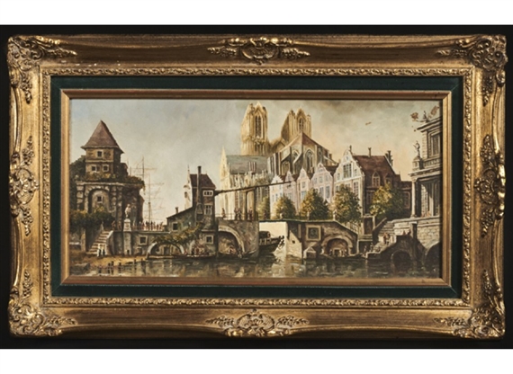Klaus Rochel | Continental Street Scene with Cathedral | MutualArt