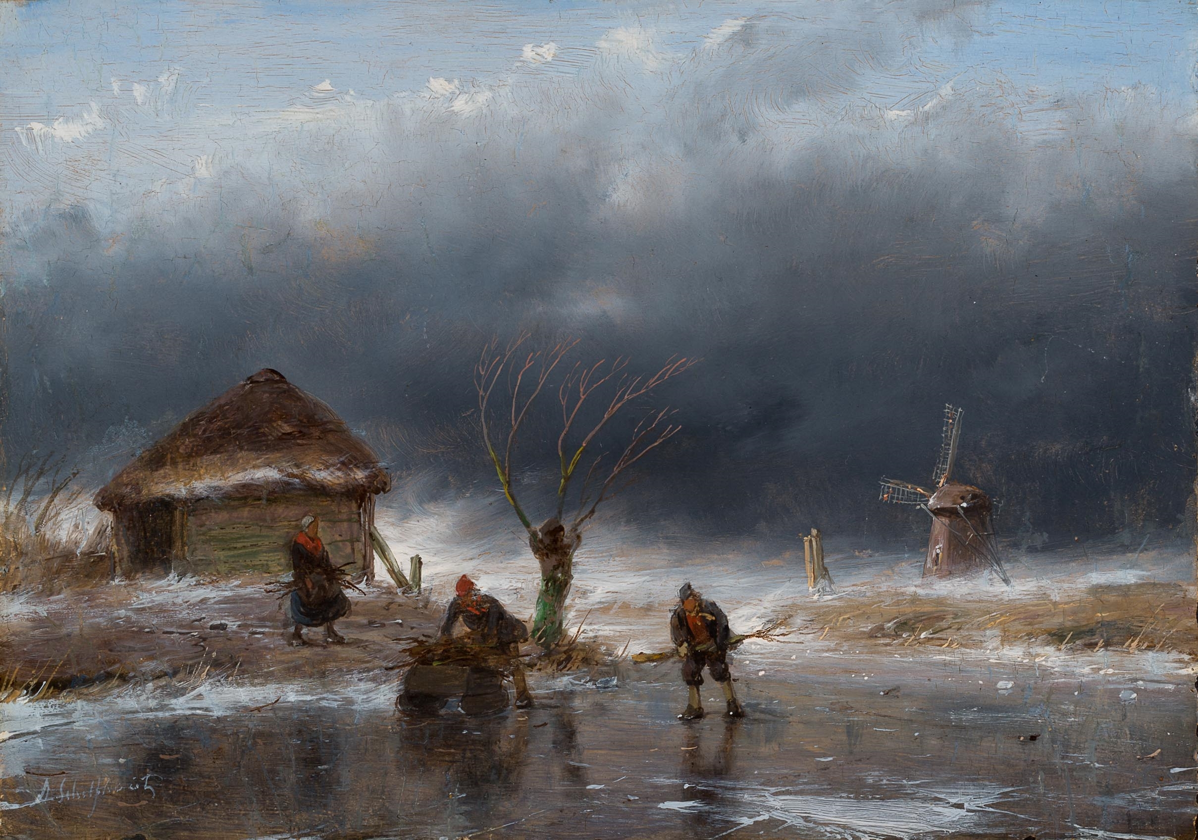 Andreas Schelfhout | Dutch icescape with skating figures during an ...