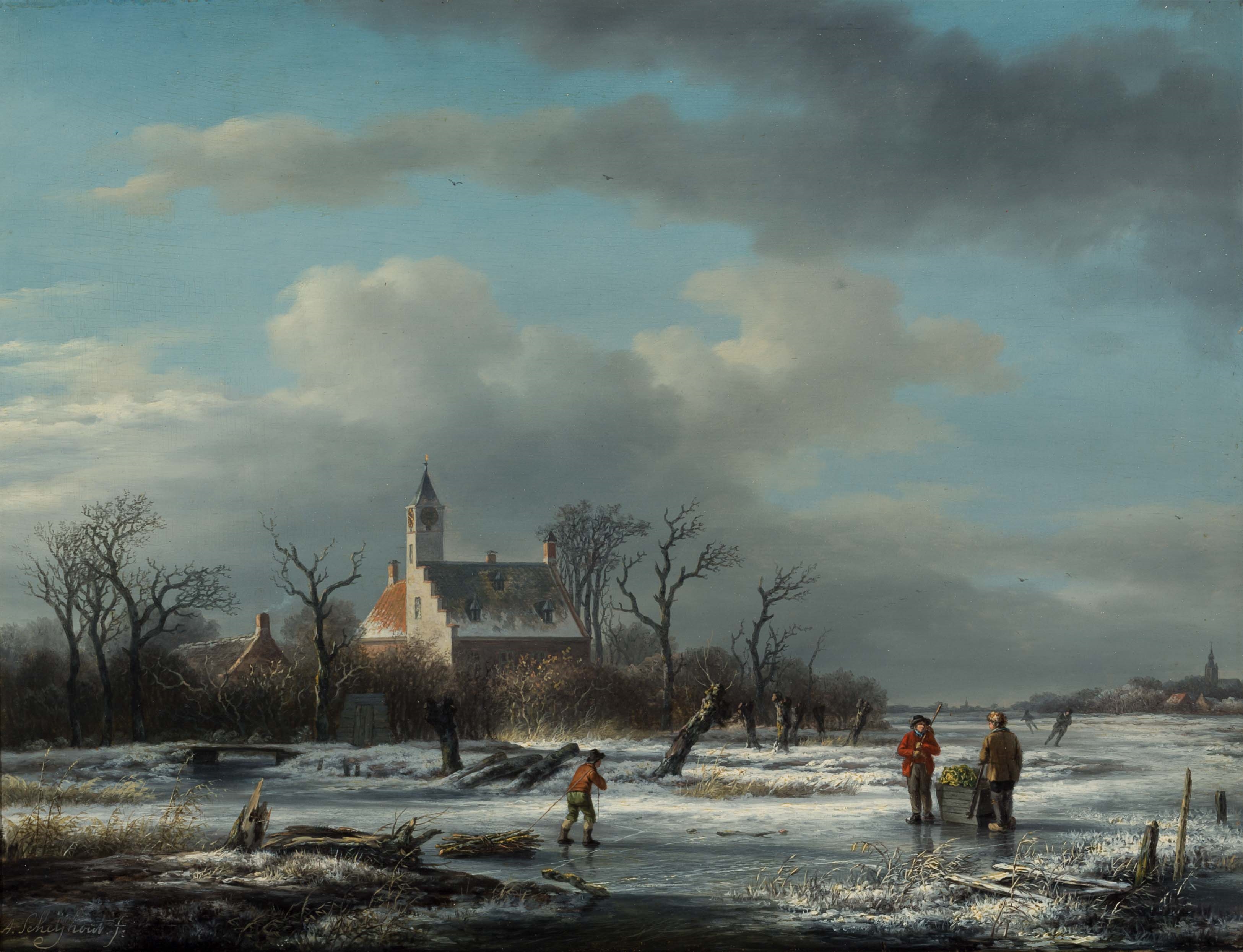 Andreas Schelfhout | Figures conversing on a waterway near a village ...