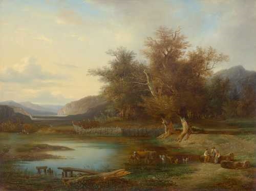 François Diday | A vast landscape with shepherds and animals by water ...
