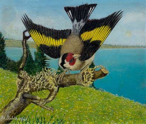 Adolf Dietrich | Distelfink vor Seelandschaft (1941) | MutualArt