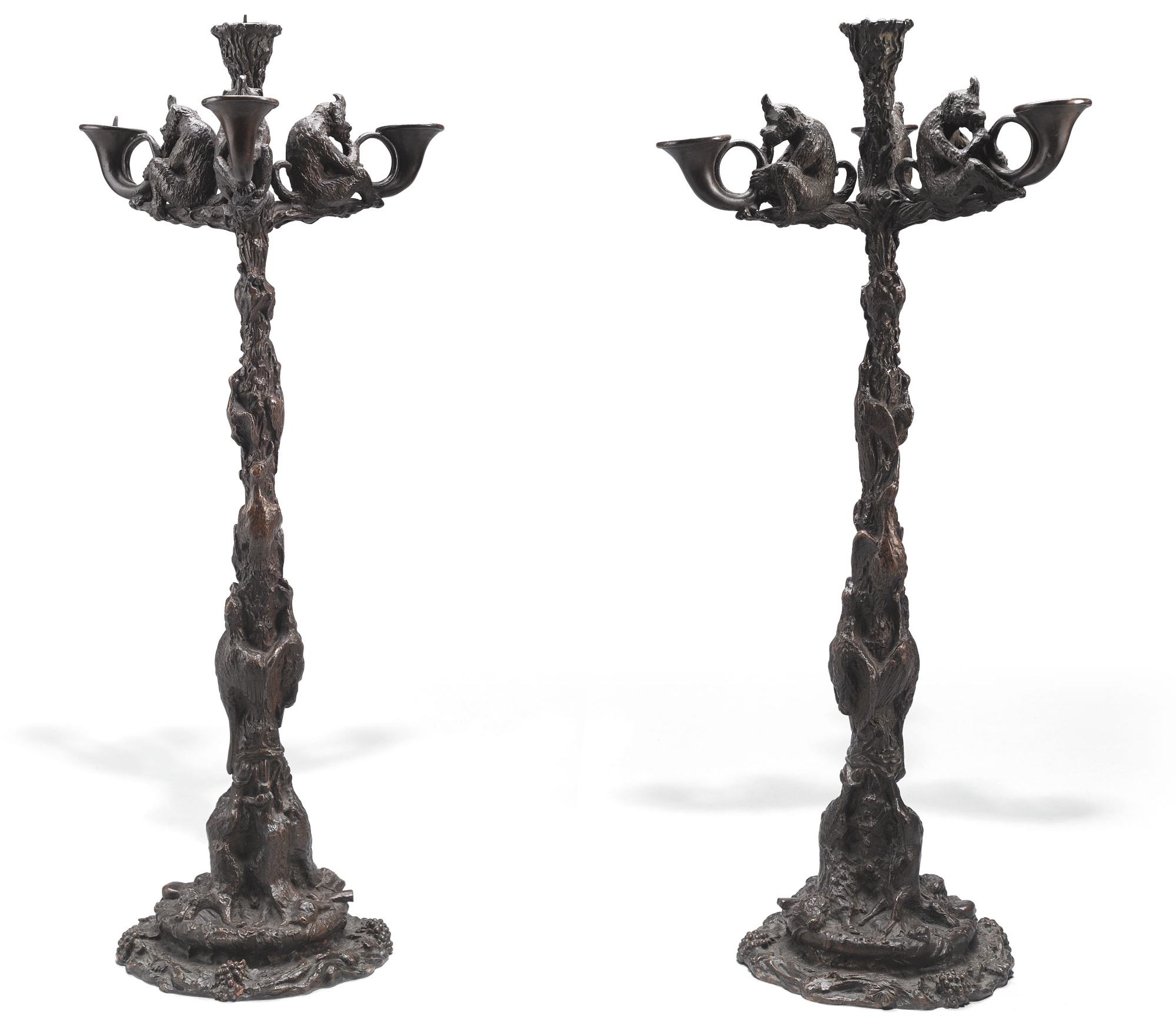 Christophe Fratin | PAIR OF CANDELABRA WITH BIRDS AND MONKEYS | MutualArt
