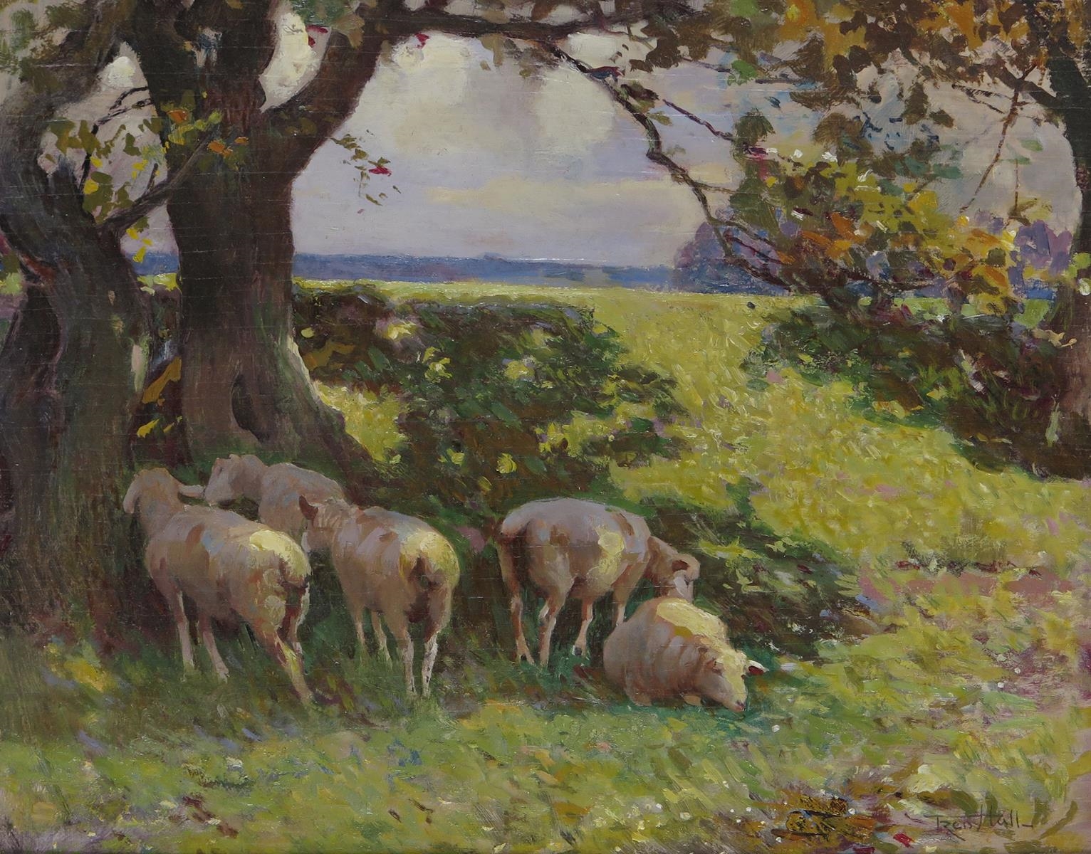 Frederick Hall | A small flock of sheep in the shade | MutualArt