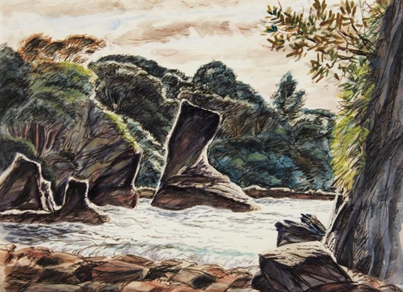 E. Mervyn Taylor | Rocks and Pohutukawa | MutualArt