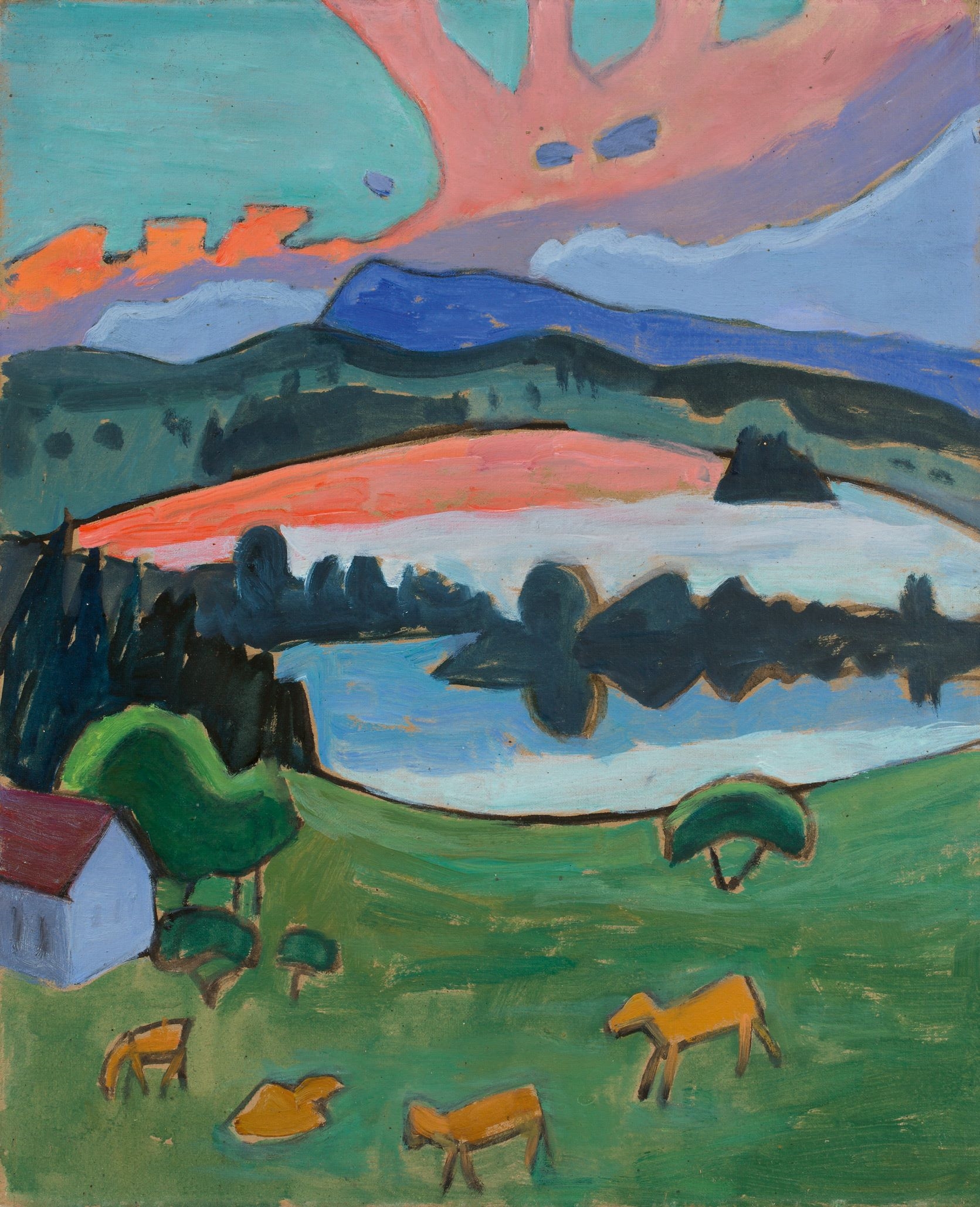 Gabriele Münter | Abendlicher Staffelsee mit Kühen (1951) | MutualArt