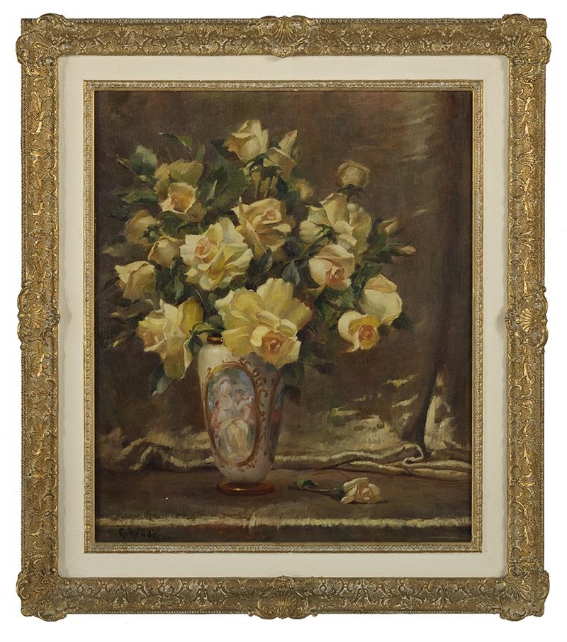 Geza Kende | Still Life of Yellow Roses in a Porcelain Vase | MutualArt