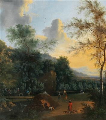 Timotheus de Graef | A landscape featuring hunting scenes | MutualArt