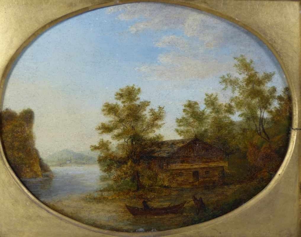 Dutch School, 19th Century | Ovales Landschaftsbild mit Kate an einem ...