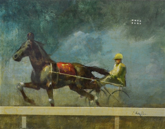 Ralph Scharff | painting of sulky with rider | MutualArt