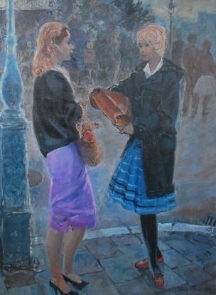 Harry Maas | Stadsgezicht 2 jonge vrouwen in gesprek (20th Century ...