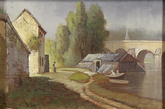 Edwin Deakin | French Village Scene with Figures and Bridge | MutualArt