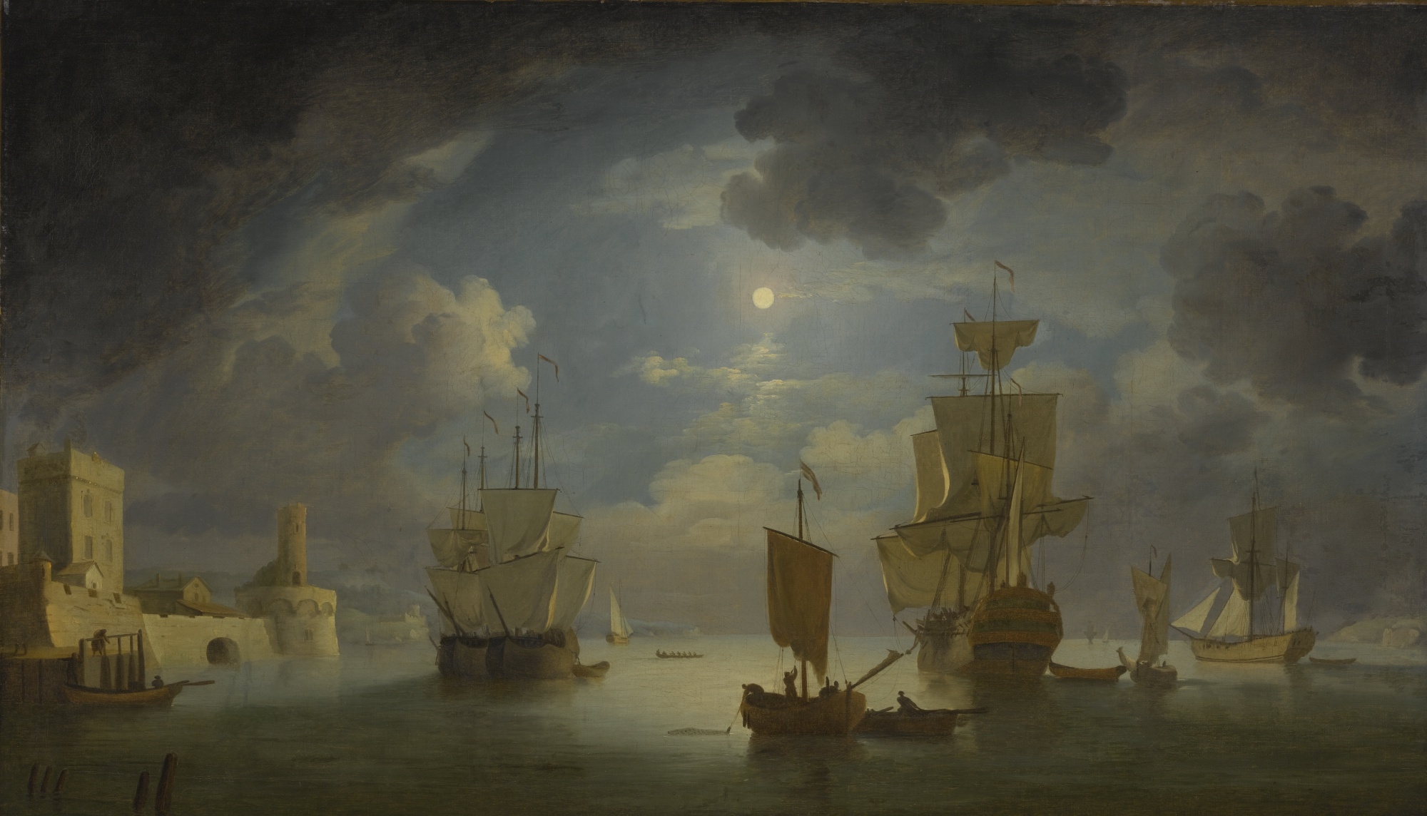 Peter Monamy | MOONLIT SCENE WITH AN INDIAMAN AND OTHER MERCHANT ...