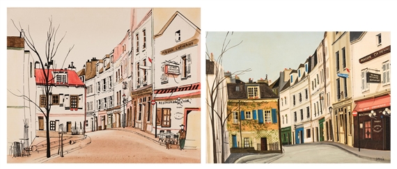 Georges Damin | Two Works: Street scene painting rendered in shades of ...