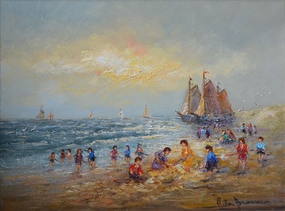 Peter Brouwer | Strandgezicht met spelende kinderen en zeilboten (1980 ...