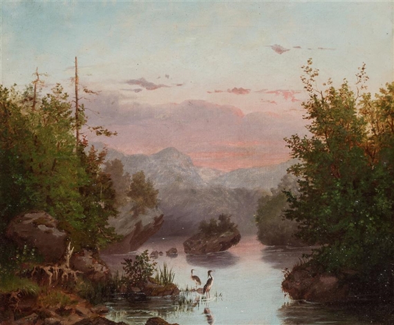 John J. Zang | Two Cranes Wading at Sunset | MutualArt