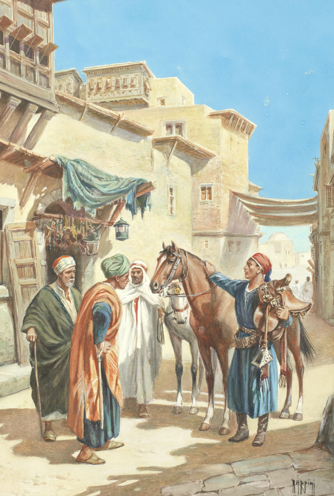 Vittorio Rappini | Arab merchants; A mosque, Cairo; A sunlit alley ...