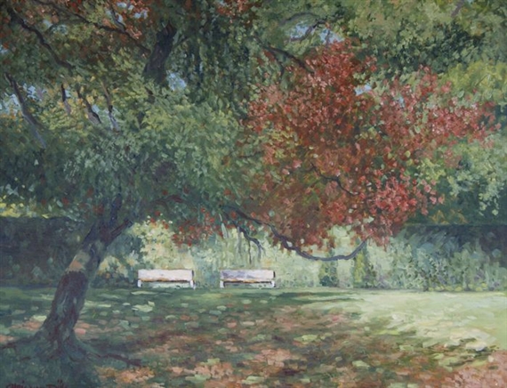 Chris Dijk | Two white benches in the park | MutualArt