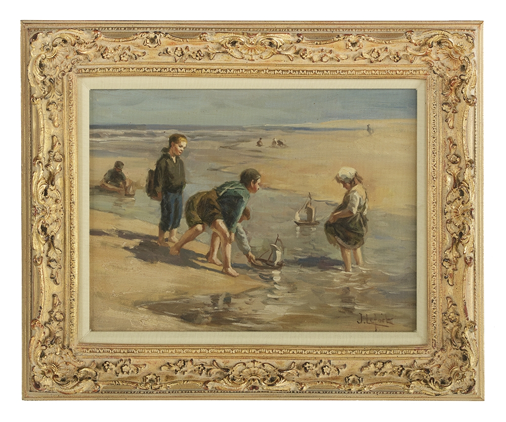 Jean Lefort | Children playing with a toy sailboat on the beach | MutualArt