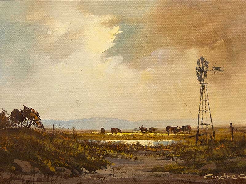 Andre Grobler | Landscape with Windmill & Cattle | MutualArt