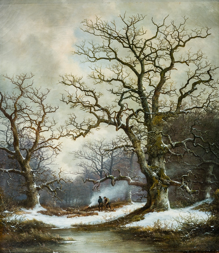 Georg Höhn | Zwei mächtige kahle Eichen im Winter und zwei Waldarbeiter ...