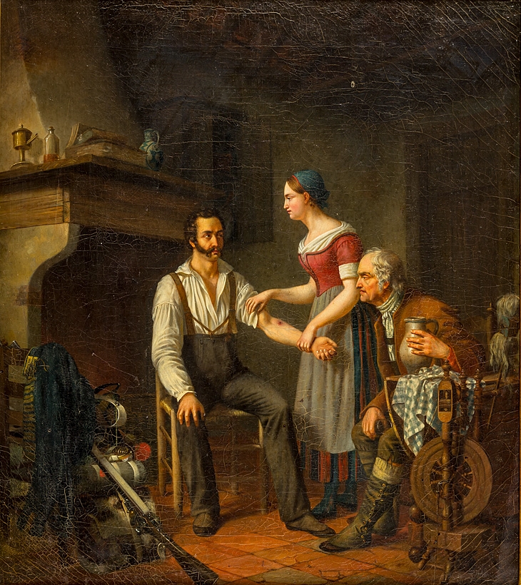 Henri Jean Baptiste Jolly | Am Arm verwundeter Soldat, auf Rohrstuhl ...
