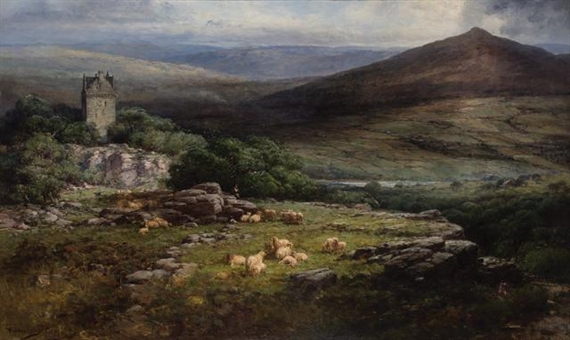 Andrew Melrose | Scottish Landscape with a Flock of Sheep and a Tower ...