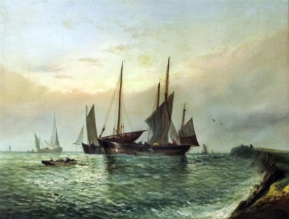 William Broome | ...Sunrise and Sea Coast - Fishing boats at sea (1882 ...