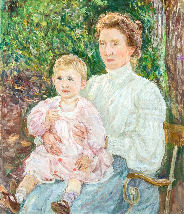 Emil Pottner | Mutter und Sohn im Garten auf kl. Bank sitzend. (1905 ...