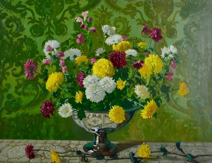 Robert Allan Barr | Chrysanthemums in a silver bowl (1947) | MutualArt