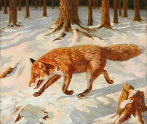 Gerhard Heilmann | A fox running in a snowcovered forest (1914) | MutualArt
