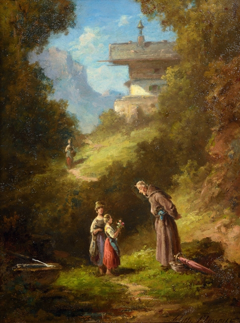 Willy Moralt | A girl handing over a posy to a monk | MutualArt