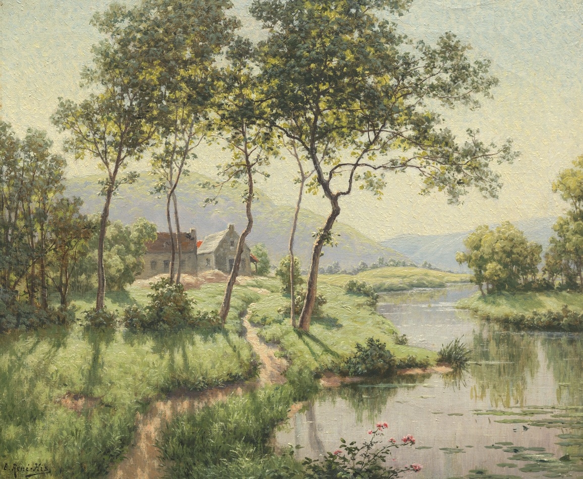 René Charles Edmond His | River landscape with houses | MutualArt