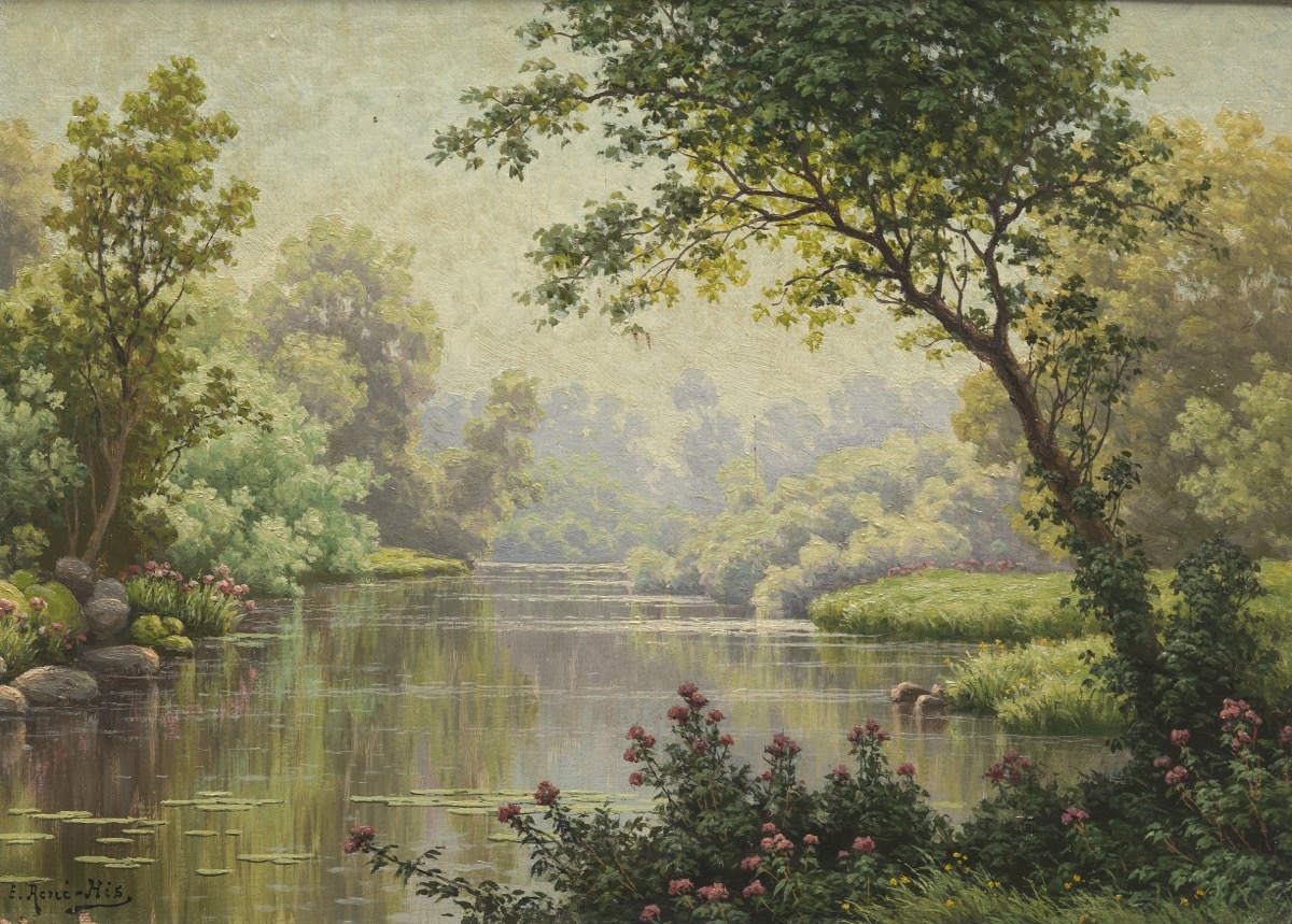 René Charles Edmond His | River landscape with houses | MutualArt