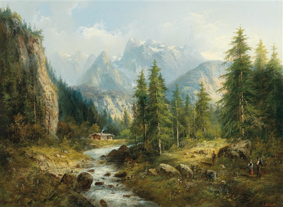 Eduard Boehm | Mountain Landscape with decorative figures | MutualArt