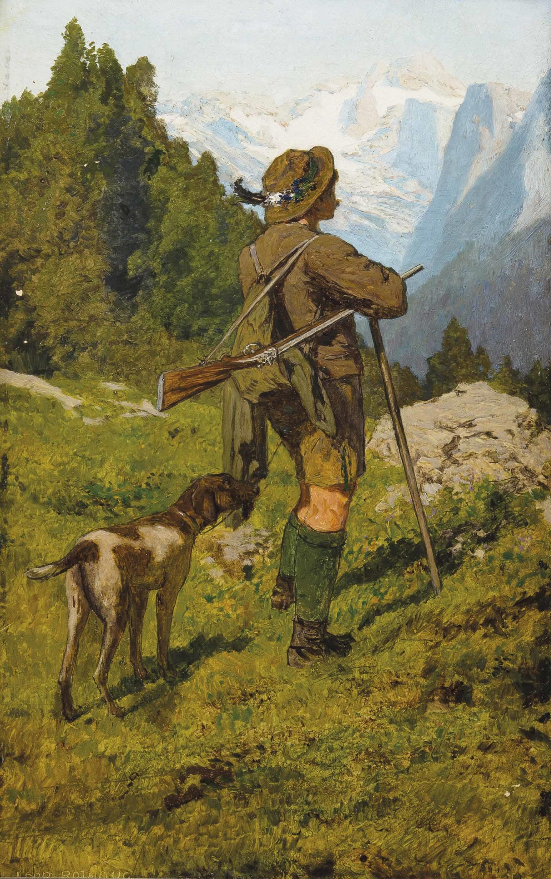 Leopold Rothaug | Jäger und Hund mit Blick von der Zwieselalpe auf ...