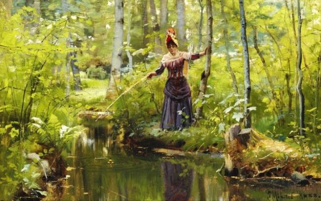 Peder Mork Monsted | A woman is fishing in a stream on a summer day in the forest (1888) | MutualArt